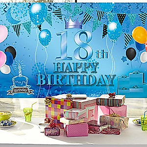 Happy 18th Birthday Backdrop Banner Blue 18th Sign Poster 18 Birthday Party Supplies for Anniversary Photo Booth Photography Background Birthday Party Decorations, 72.8 x 43.3 Inch