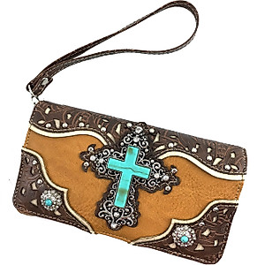 Justin West Western Tooled Laser Cut Turquoise Rhinestone Silver Cross Studded Shoulder Tote Handbag Purse (Tan Wallet)