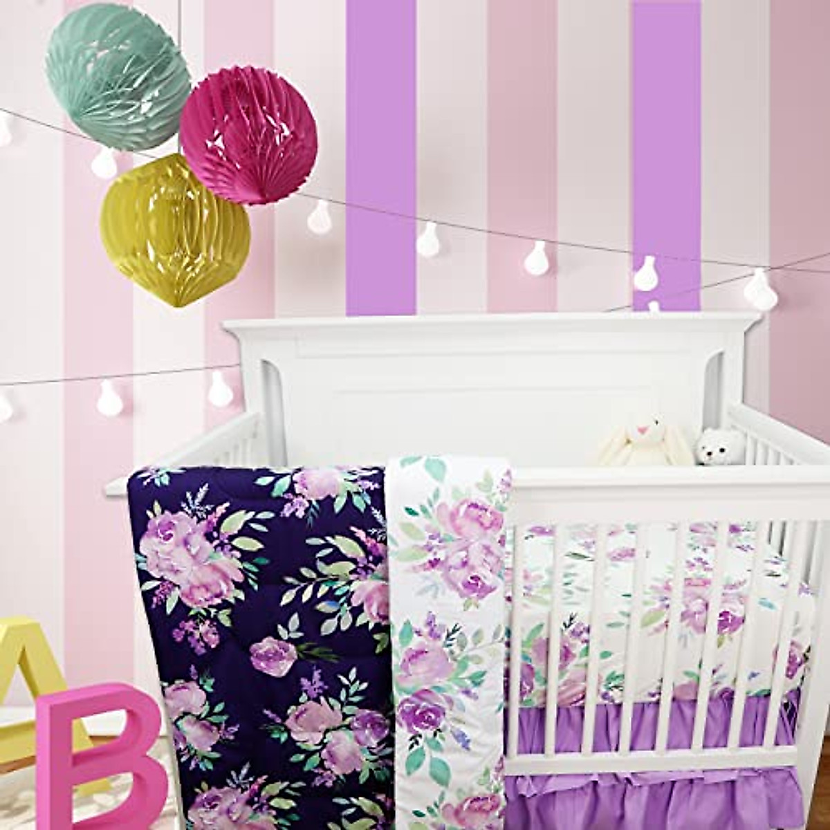 TANOFAR 5 Piece Crib Bedding Set for Girls, Baby Nursery Crib Bedding Set, Purple Flower Minky Blanket, Crib Skirt, Quilt, Crib Sheet and Diaper Stacke,Crib Bedding Set for Girls