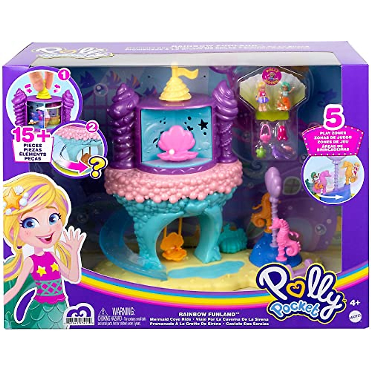Polly Pocket Rainbow Funland Mermaid Cove Ride Playset, Polly & Mermaid Dolls, Accessories, Dispenser Feature for Surprises, Great Gift for Ages 4 & Up