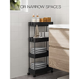 Pipishell Slim Storage Cart with Wheels, 4 Tier Bathroom Storage Organizer Rolling Utility Cart for Bathroom Kitchen Laundry Room Office Narrow Place (Black)