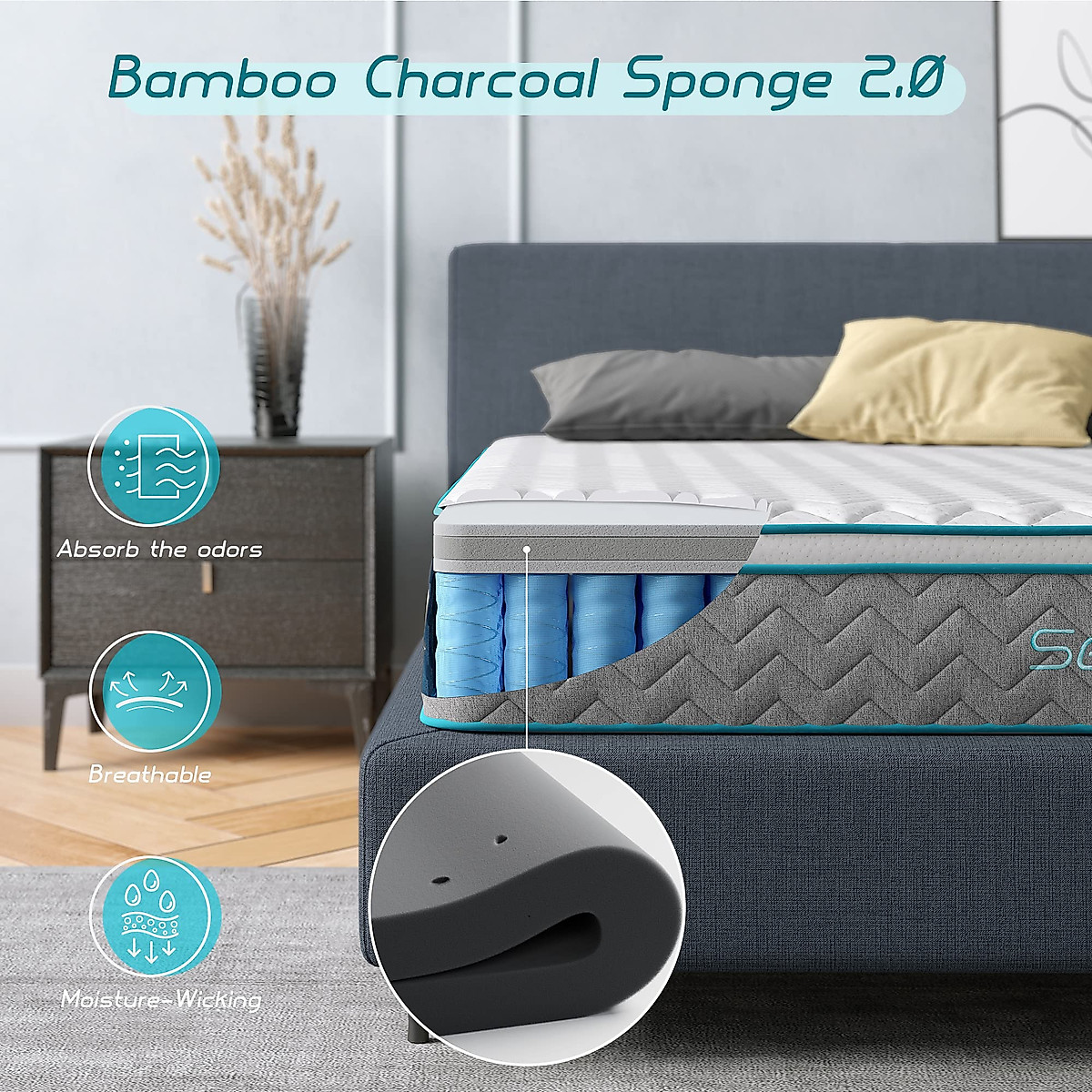 Serweet 10 Inch Bamboo Charcoal Memory Foam Hybrid Twin Mattress - 7-Zone Pocket Innersprings for Motion Isolation -Heavier Coils for Durable Support -Medium Firm -Made in Century-Old Factory