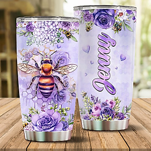 WONWIX Personalized Bee Tumbler Customized Name Queen Bees Gifts For Women Mug Cups Water Bottle 20oz Gift Birthday Valentine Christmas From Lover Insulated Stainless Steel Coffee Cup With Lid