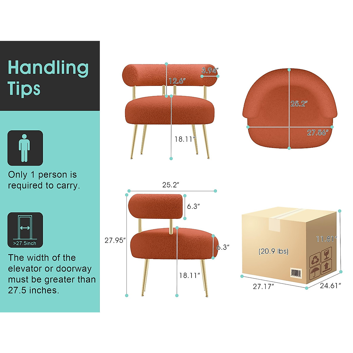 SEYNAR Mid Century Sherpa Boucle Accent Chair, Round Upholstered Barrel Arm Chair for Small Spaces, Fluffy Side Corner Sofa Chair for Living Room, Bedroom, Vanity, Office, Reading Nook(Orange)