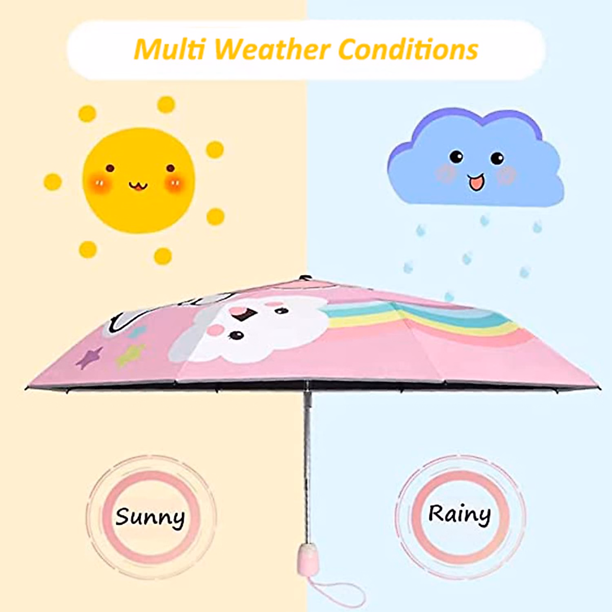 Hannstar Automatic Kids Umbrella, Folding Telescopic Toddler Umbrella for girls & boys, UV/Sun Protection - Strong and Portable - Compact, Durable, Lightweight Cute Kitty Brolly