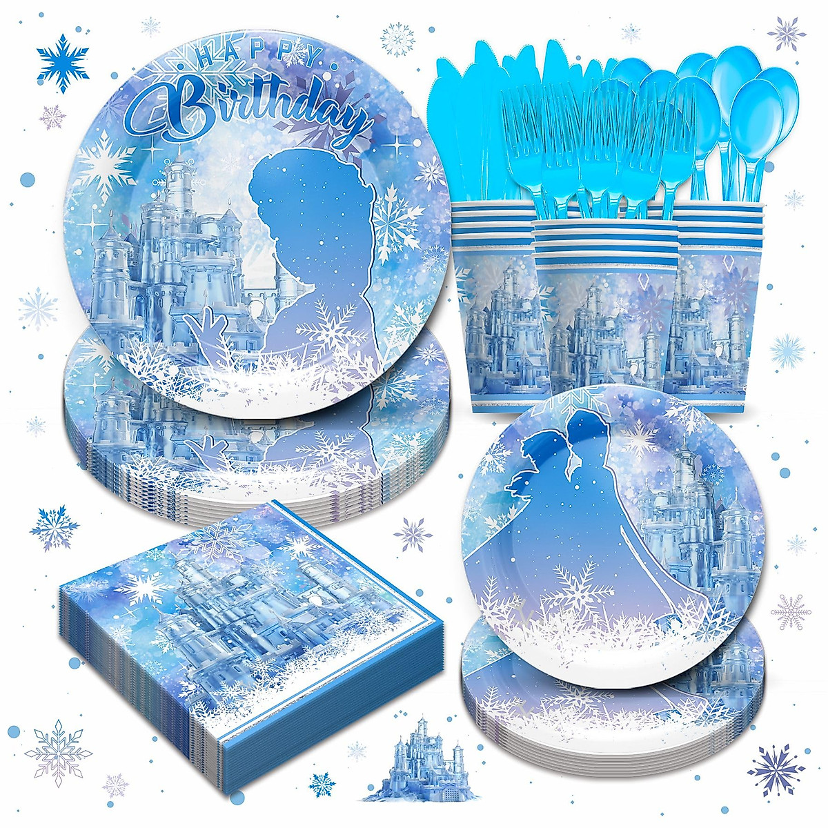 Piooluialy Frozen Birthday Party Supplies Tableware - Frozen Themed Party Decorations Include Dinner Plates, Cups, Napkins, Cutlery, Snow Frozen Baby Shower Birthday Party Decorations | 24 Guests