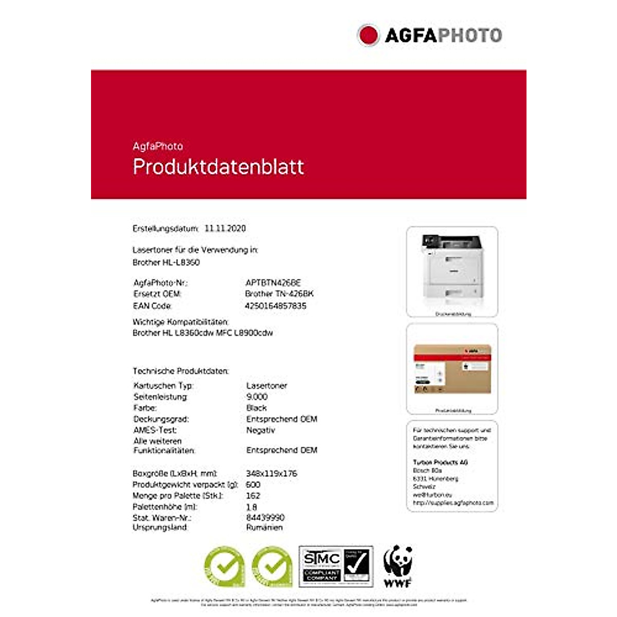 AgfaPhoto Laser Toner Replaces Brother TN-426BK, 9000 Pages, Black (for Use in Brother HL-L8360)