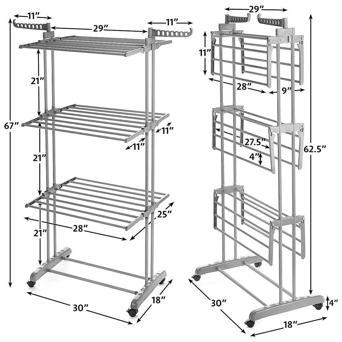 GizmoSynth 【US Warehouse】 Clothes Drying Rack, 66.14" Oversized 4-Tier Foldable Stainless Steel Drying Rack Clothing,Clothes Drying Rack Outdoor for Drying Clothes, Bed Covers, Shoes, Sofa Covers