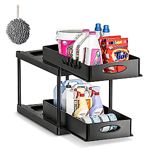 HOMTECH Double Sliding Cabinet Organizer Drawer-Under Sink Organizers & Storage-2 Tier Slide Out Cabinet Organizer- Storage Shelf for Bathroom & Kitchen- Accessory Included Hand Drying Ball, Black