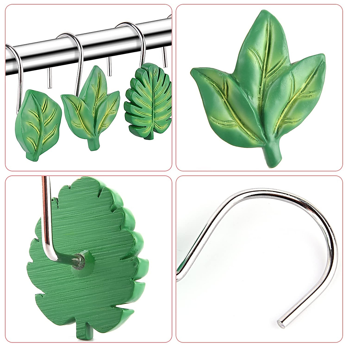 EVOOKA 12PCS Leaves Shower Curtain Hooks, Green Plant Leaf Metal rustproof Cute Shower Curtain Rings Bathroom Decoration for Home Bathroom Bedroom Living Room