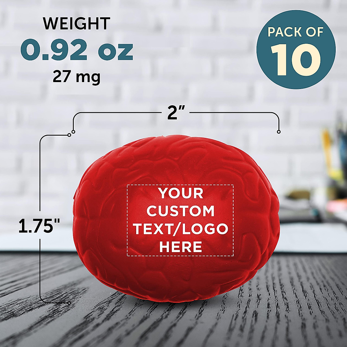 Custom Brain Squeeze Balls Set of 10, Personalized Bulk Pack - Stress Relief, Perfect for Your Desk, Office or Home - Red