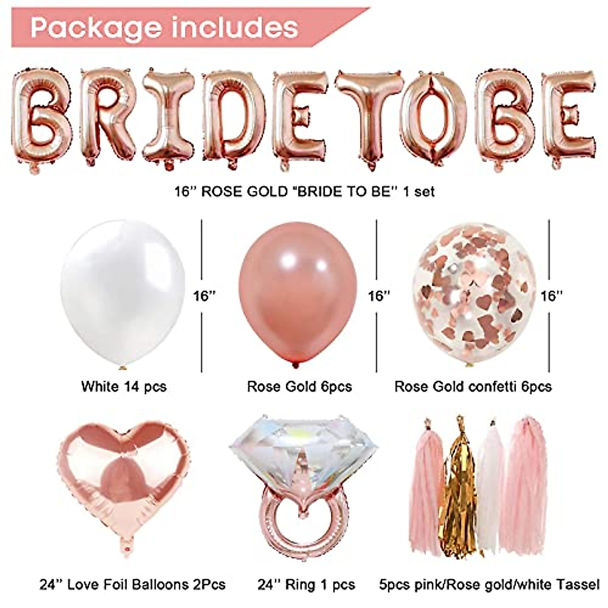 Bachelorette Party Decorations Kits-Rose Gold Bridal Shower Party Decor and Supplies-Bride to Be Balloons, Ring & Champagne Foil Balloons for Bridal Shower
