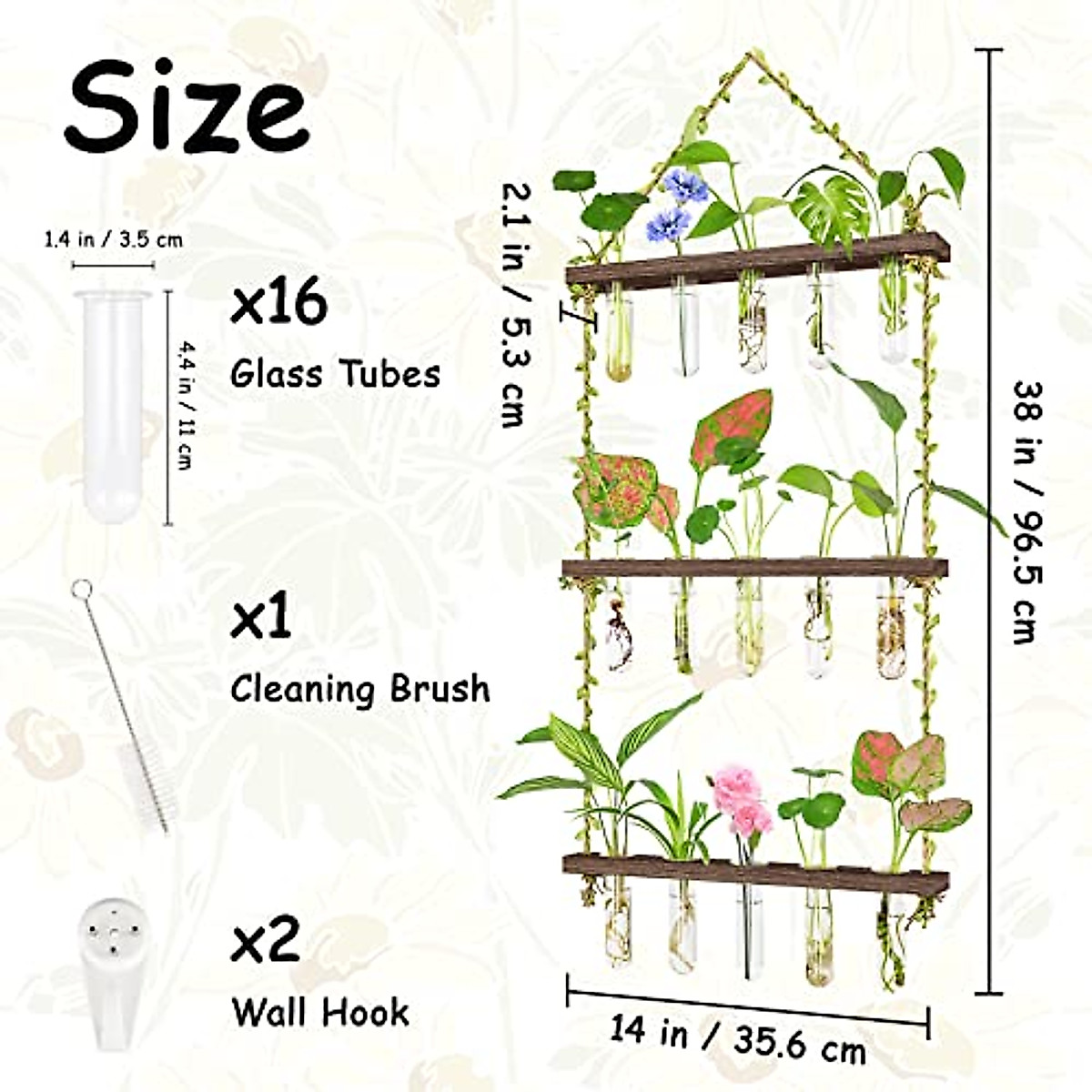 Grovind Propagation Stations, 3 Tier Large Wall Hanging Plant Terrarium with Wooden Stand Retro Propagation Station Test Tubes for Hydroponic Indoor Plants Cutting Planter for Home Garden Office Decor