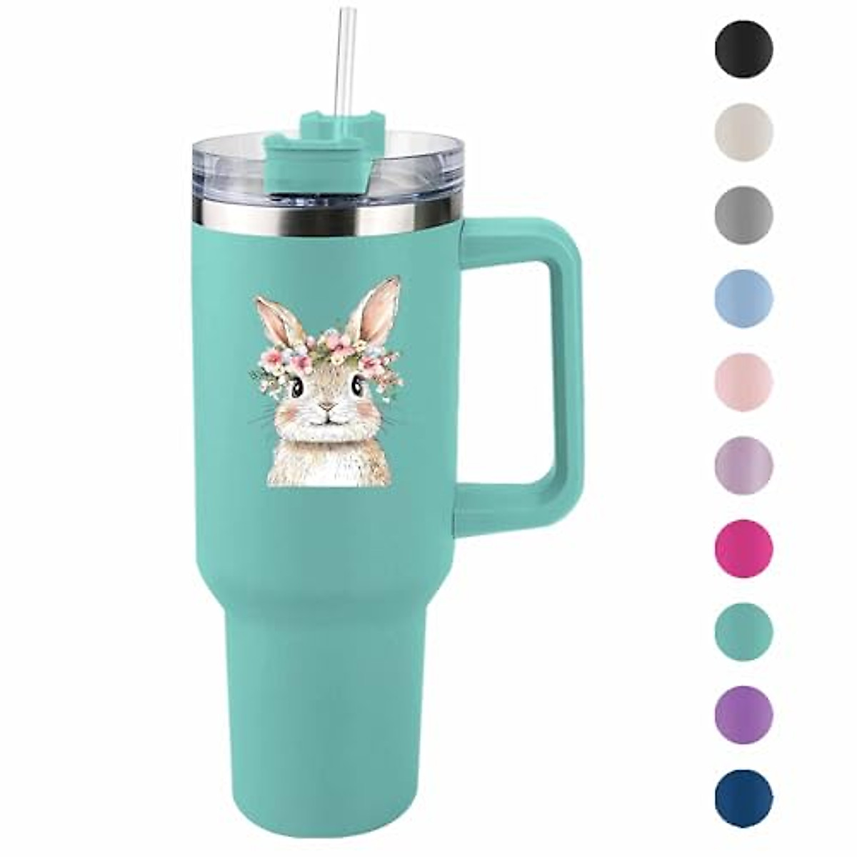 LB LEOBON 40 ounce insulated cup with handle, double-layer vacuum stainless steel material, equipped with straw, can keep warm or maintain cold drinks Easter Rabbit D Lake Green