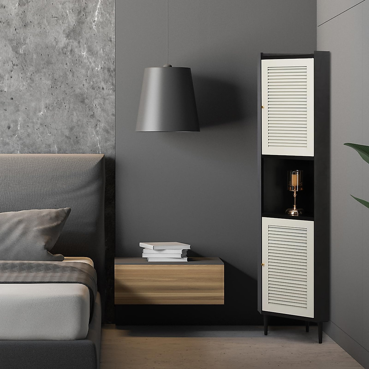 HollyHOME 68.5" Tall Corner Metal Storage Cabinet, Narrow Linen Tower Cabinet with Shelf and Shutter Door, Freestanding Floor Slim Organizer Cupboard for Living Room, Kitchen Pantry, Black&White