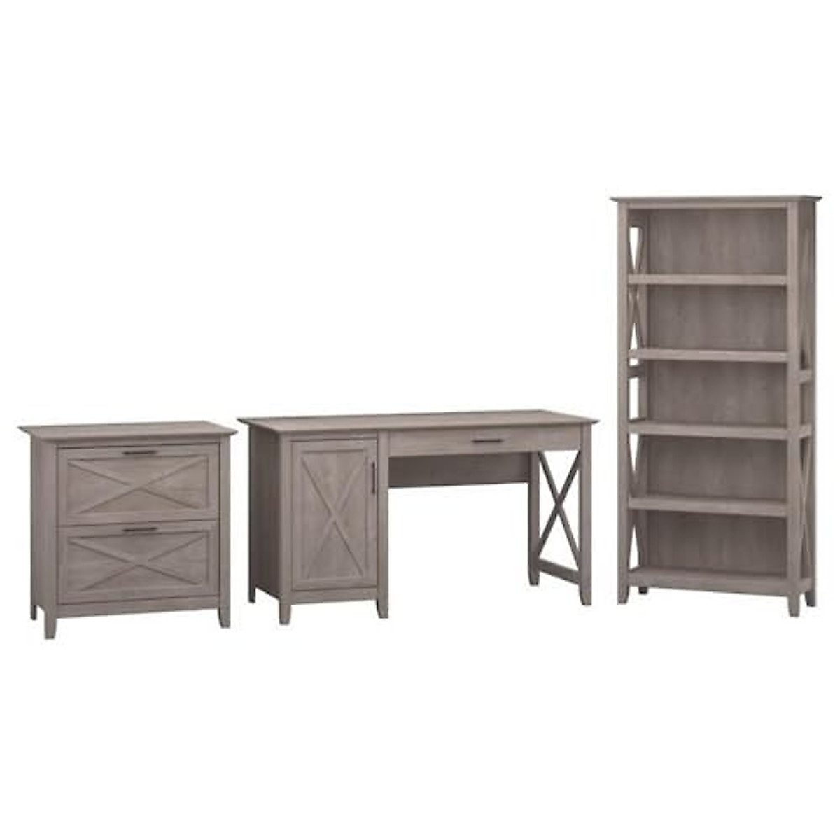 Bush Furniture Key West 54W Computer Desk with 2 Drawer Lateral File Cabinet and 5 Shelf Bookcase in Washed Gray