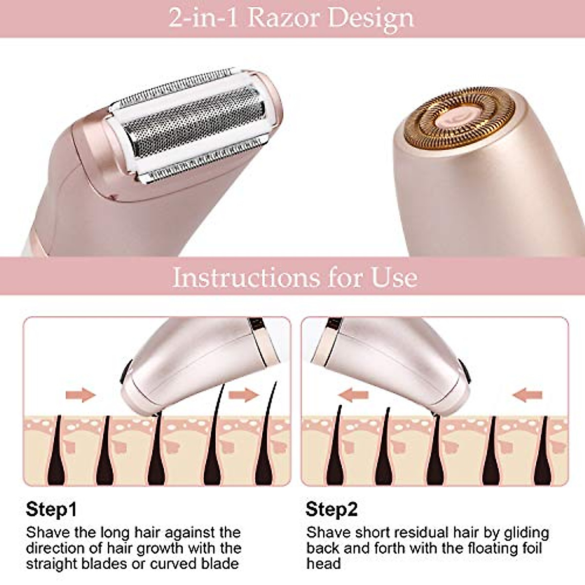 Electric Razor for Women - RenFox 2 in 1 Shaver for Women Bikini Legs Armpit Face Wet & Dry Painless Rechargeable Bikini Trimmer 2 Changeable Trimmer Heads (Rose Gold)
