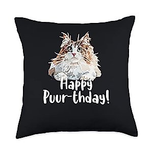 Funny Norwegian Forest Cat Lovers & Owners Gifts Happy Puur-thday Funny Norwegian Forest Cat Lovers Throw Pillow, 18x18, Multicolor