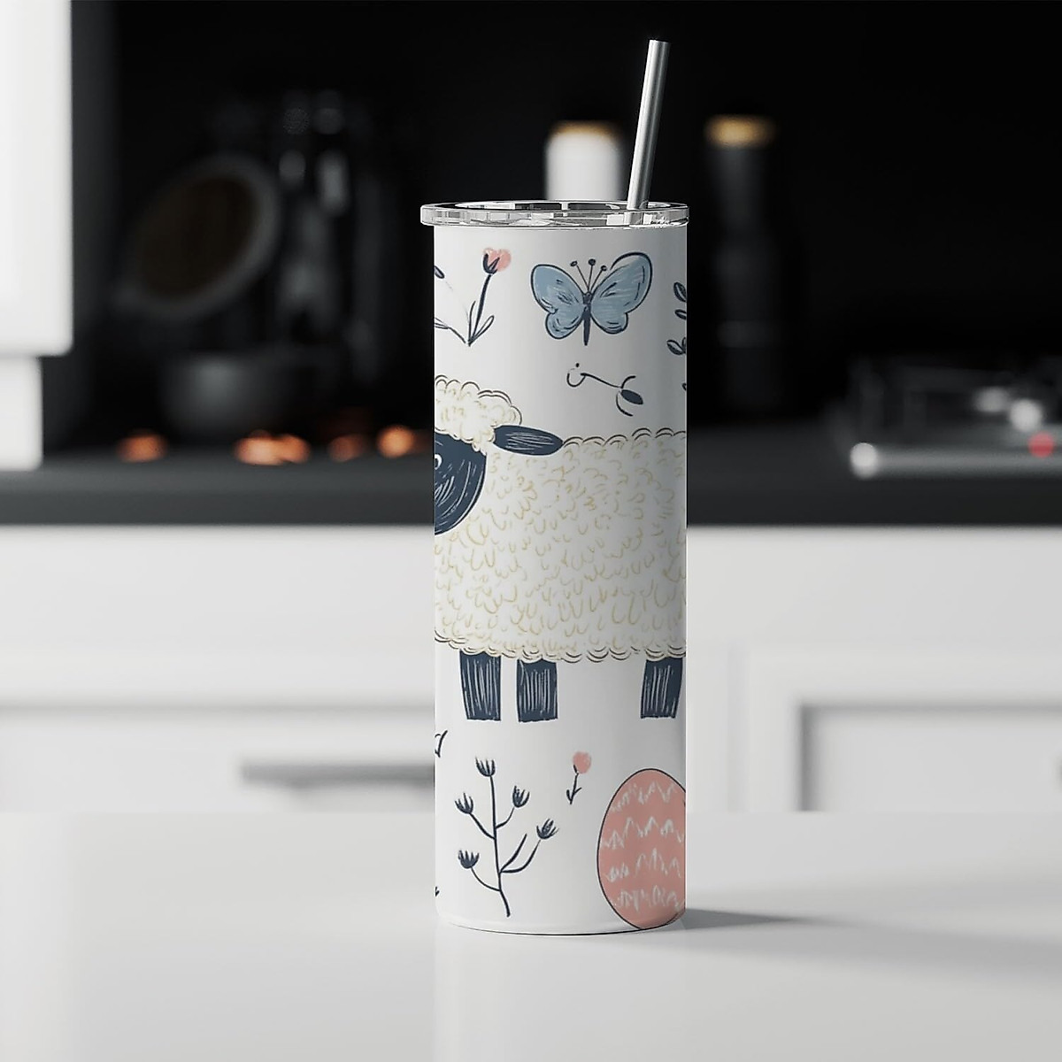 Tumbler with Lid and Straw Cute cartoon hand drawn lamb Thermos Coffee Travel Mug Cute Cups 20 oz Insulated Tumbler for Daily Holiday Decor Gift Coffee Cup