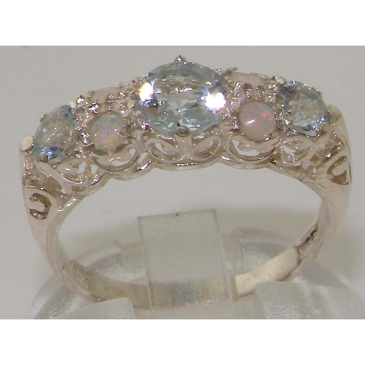 LetsBuyGold 925 Sterling Silver Natural Aquamarine and Opal Womens Band Ring - Sizes 4 to 12 Available