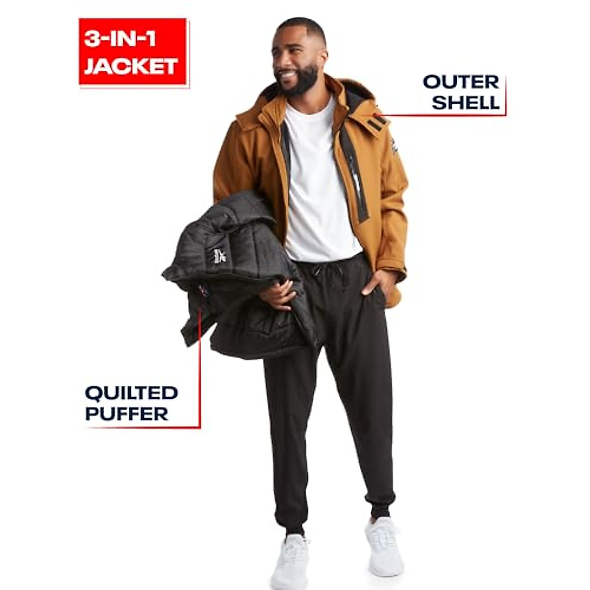 Reebok Men's Winter Coat –Softshell Jacket with Removable Puffer Coat – System Ski Jacket for Men (M-XXL), Size Medium, Timber