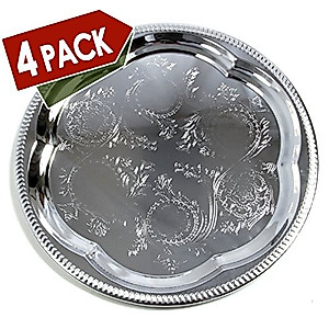 Maro Megastore (Pack of 4) 11.8-Inch Elegant Round Floral Pattern Engraved Catering Chrome Plated Serving Plate Mirror Tray Platter Tableware Decor Holiday Wedding Birthday Party (Small) T226s-4pk