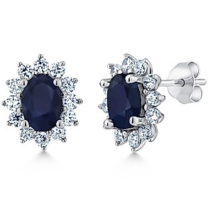 Gem Stone King 925 Sterling Silver Oval 7X5MM Gemstone Birthstone Stud Earrings Princess Diana Royal Halo Style For Women Anniversary Wedding Birthday