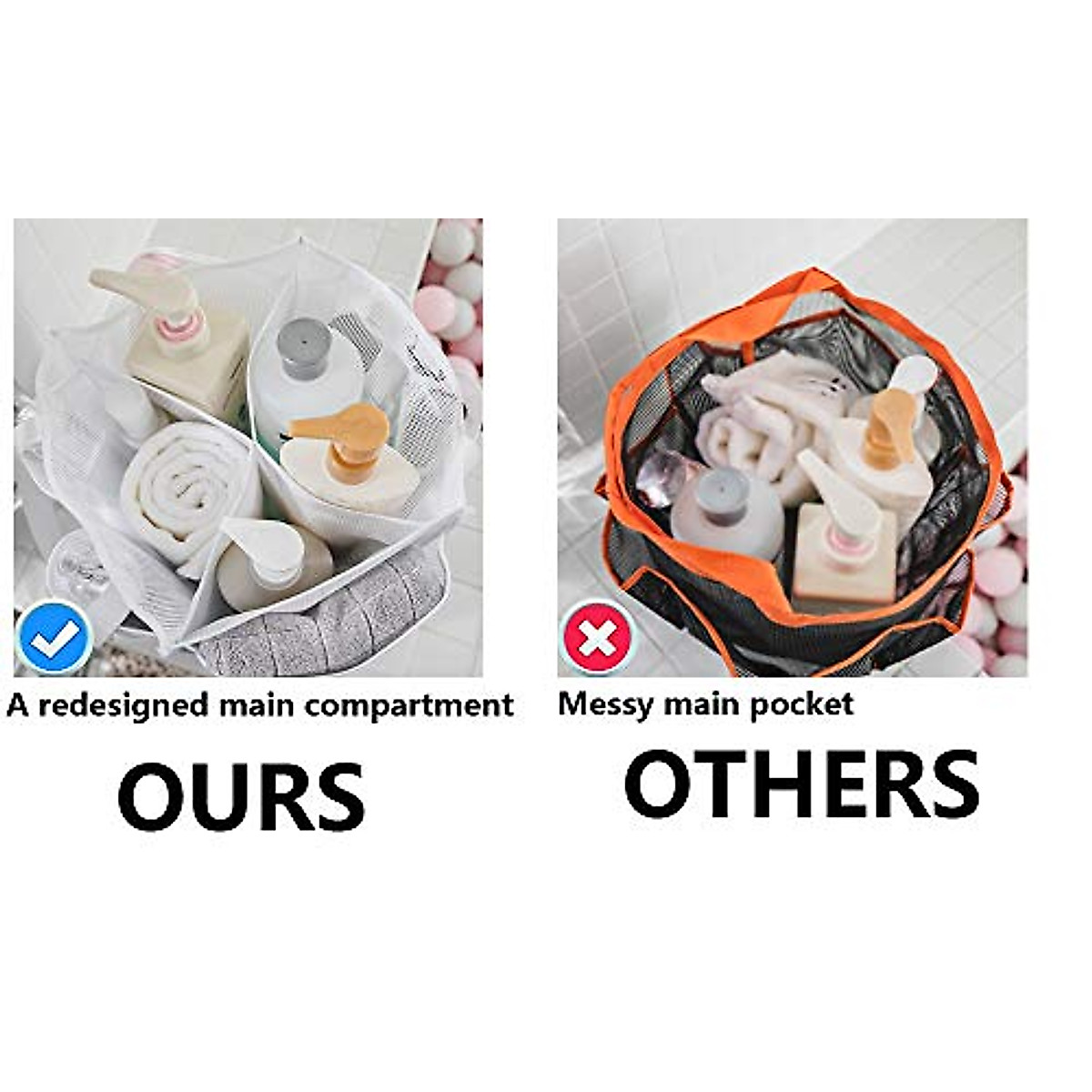 ALYER Mesh Shower Caddy Basket,Large Shower Bag Tote,Hanging Bath Toiletry Organizer with 1 Big Separated Inner Compartment and 6 Deep Outer Pockets (White)