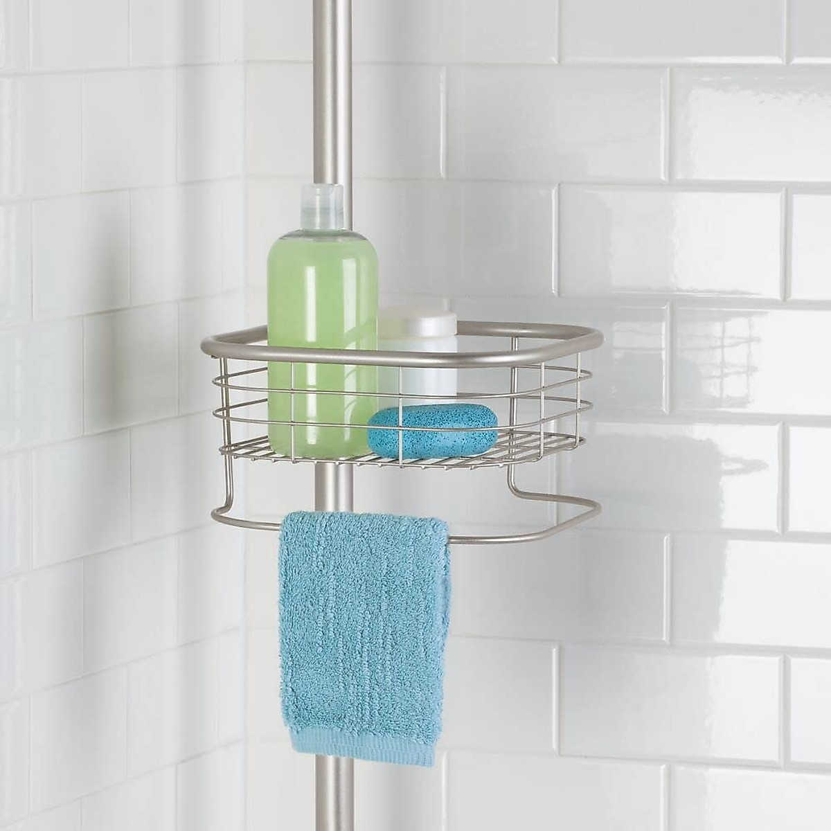 mDesign Bathroom Shower Corner Tension Pole Caddy with Adjustable Height - 4 Positionable Baskets for Organizing Shampoo, Conditioner, Shaving Cream, Soap, Loofah - Omni Collection - Satin