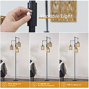 gernehop Floor Lamps for Living Room,3 Light Rattan Standing Tall Lamp with Foot Switch & Sturdy Base,Farmhouse Rustic Tree Black Vintage Floor Lamp for Bedroom Office