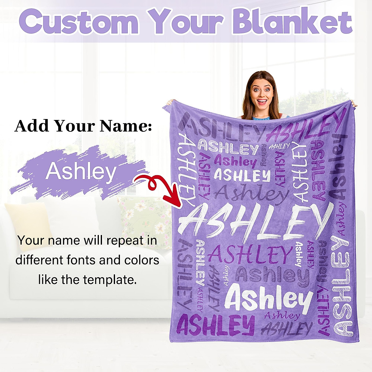 Personalized Name Blanket, Custom Purple Fleece Throw Blanket with Name for Kids Boys Girls Baby Men Women, Customized Light Soft Flannel Blanket Gift for Christmas Birthday Halloween