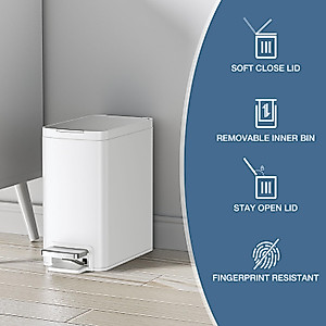 Bscann Bathroom Trash Can with Soft Close Lid,6 Liter / 1.6 Gallon Stainless Steel Step Garbage Can with Removable Bin,White Trash Can for Bathroom,Bedroom,Office(White)