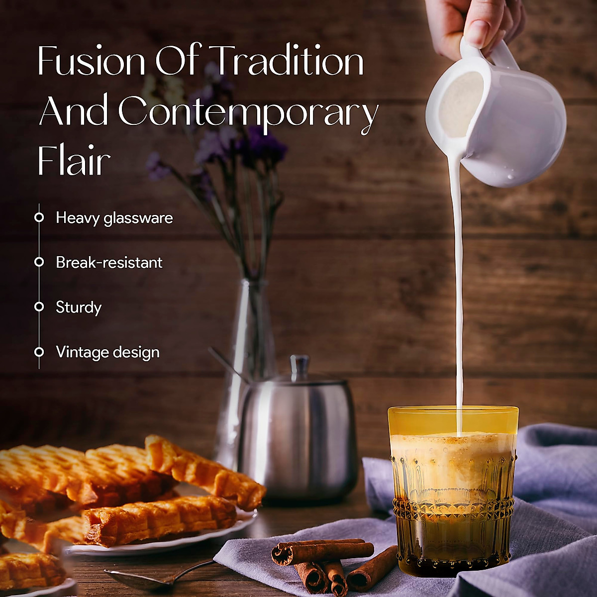 Vintage Old Fashion Whiskey Glasses, 10 Oz, Romantic Water Tumblers, Barware Glasses for Scotch, Bourbon, or Cocktails, Embossed Amber Beaded Glasses-Set of 4