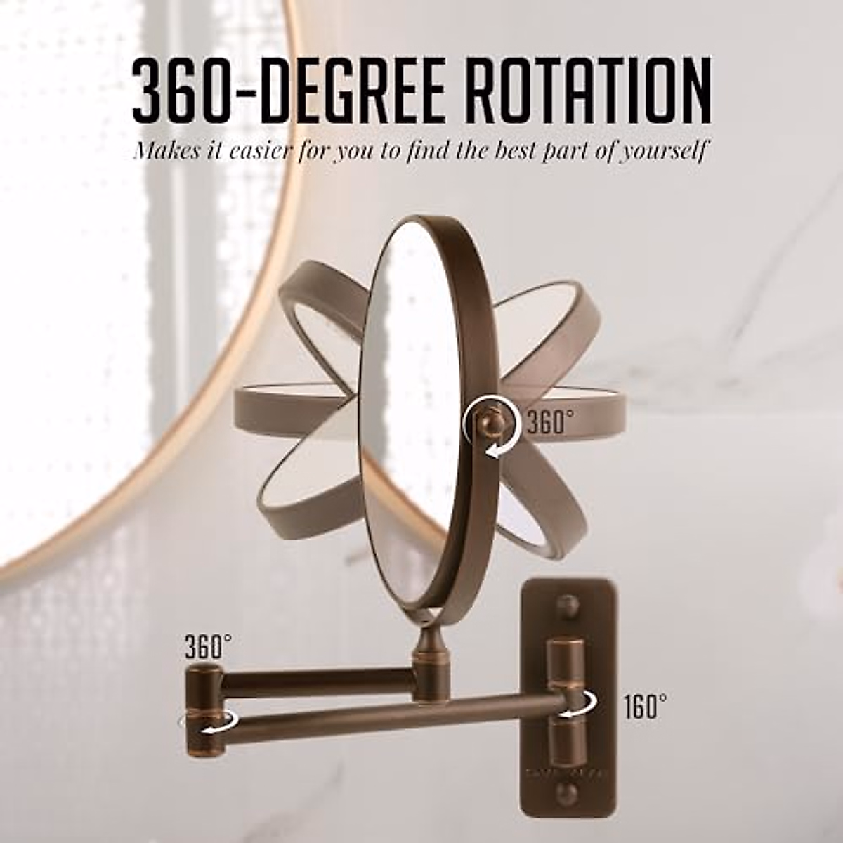 OVENTE 7" Wall Mounted Makeup Mirror with 1X/10X Magnification, Double Sided Magnifying Round Bathroom Vanity Mirror, 360° Swivel Design, Extendable and Folding Arm, Antique Bronze MNLFW70ABZ1X10X