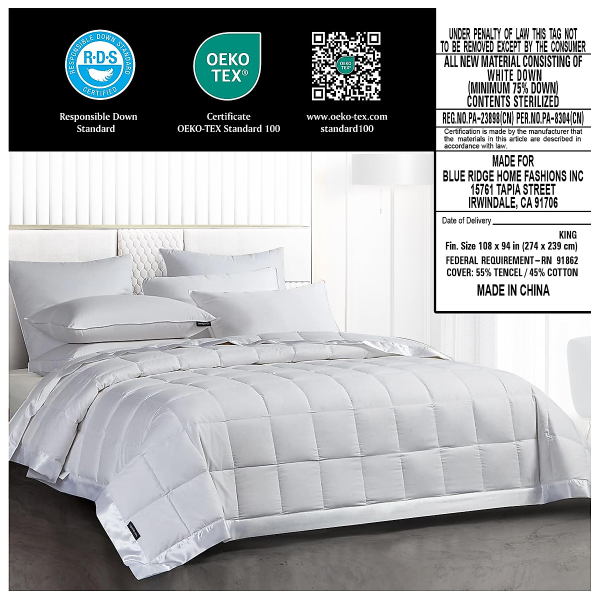 Beautyrest Tencel™ Lyocell/Cotton Blend Blanket, Breathable RDS White Down Blanket, 650 Fill Power Oversized Blanket, Light Warmth Bed Blanket with Silky Flange Binding