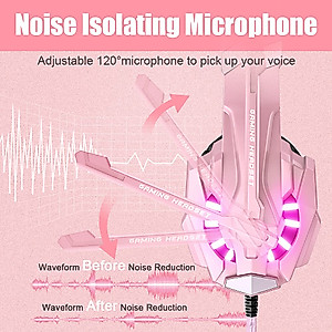 BENGOO G9000 Professional Gaming Headset for PS4, PC, Xbox One Controller, Noise Cancelling Over Ear Headphones with Mic, LED Light, Bass Surround, Soft Memory Earmuffs for Laptop Nintendo - Pink