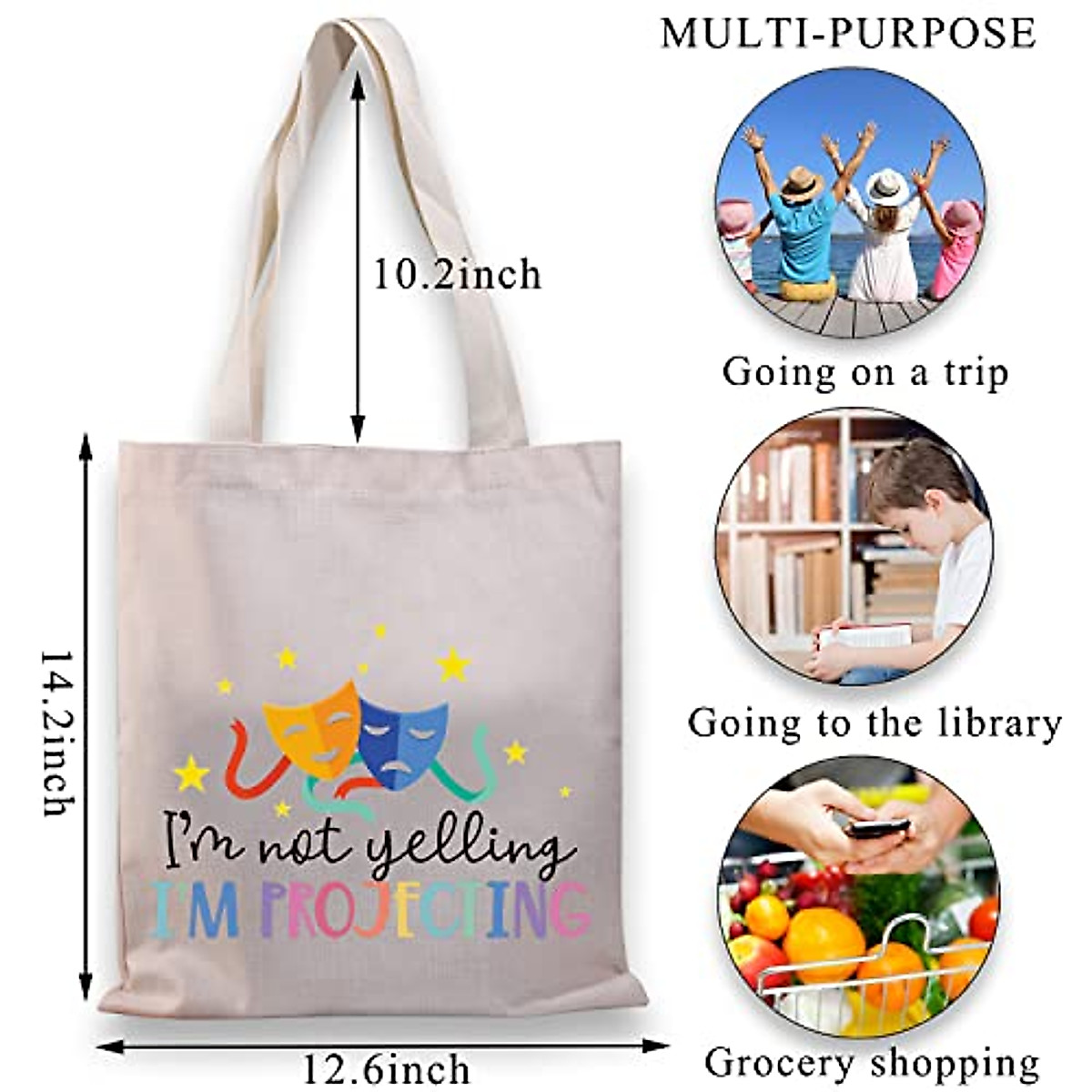 BDPWSS Theatre Tote Bag Drama Actor Actress Gift Comedy Tragedy Mask Theatre Bag I'm Not Yelling I'm Projecting Travel Pouch (Yelling projecting TG)