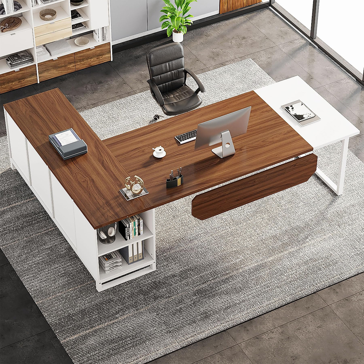 Tribesigns 70.8" Executive Desk with 55" File Cabinet, Modern L Shaped Computer Desk with Storage Shelves and Cabinet, Large L Shaped Executive Desk for Home Office, Walnut & White