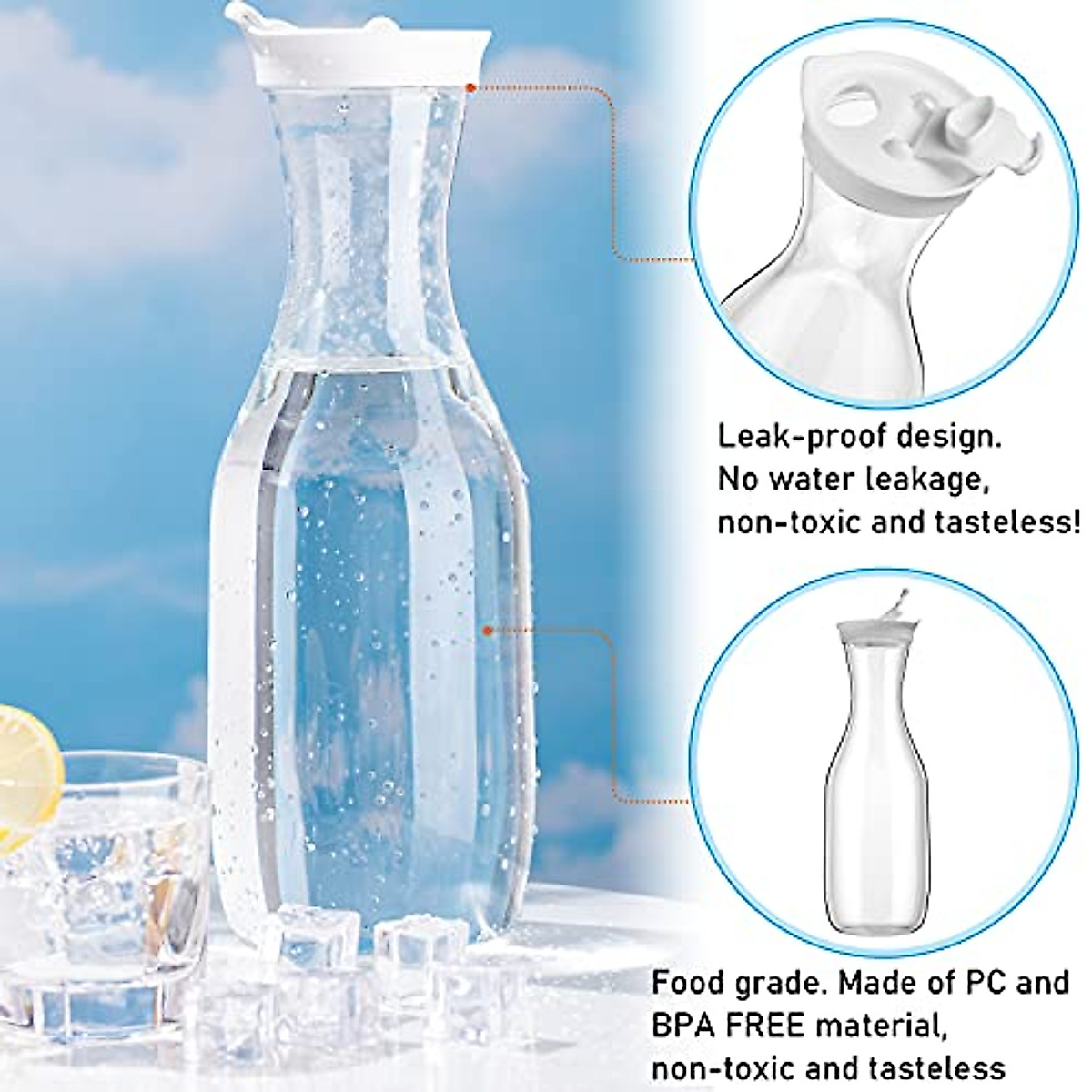 4 Pack Clear Plastic Water Carafes 50 Oz Beverage Pitcher Carafe with Flip top Lids and 16.4 Ft Rope 30 pieces Paper Cards for Tea Juice Water iced Coffee, Narrow Neck Design