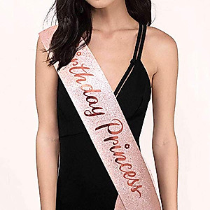 "Birthday Princess"Sash and Rhinestone Crown Set - Glitter Gold Fabric with Rose Gold Foil Letters Birthday Sash for Girl + Rhinestone Crown Set Birthday Party Gifts Birthday Party Supplies