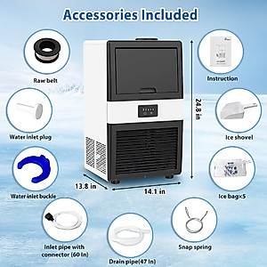 Commercial Ice Maker Machine, 70 LBS/24H Under Counter Large Ice Machine w/ 10 LBS Capacity Ice Storage Bin, 2 Water Inlet Modes, Freestanding and Built in Ice Maker for Bar/Home/Office/Shop, White