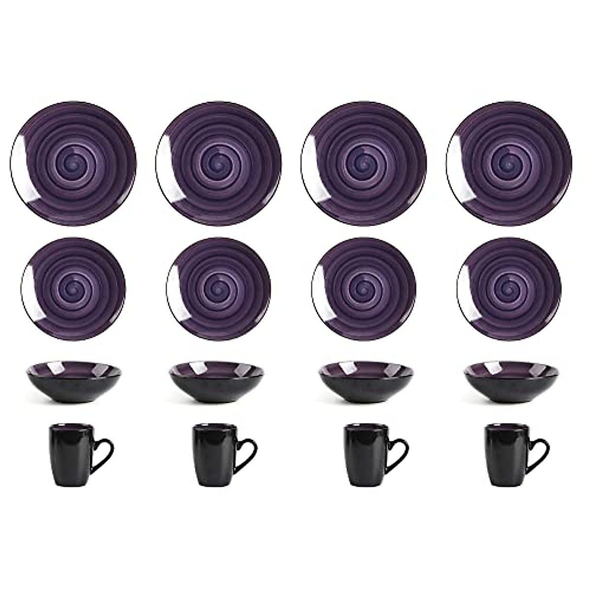 HomeVss, Stoneware Sonoma 16pc Dinnerware Set, Black + Speckled Spin Wash Purple, 16pc Set