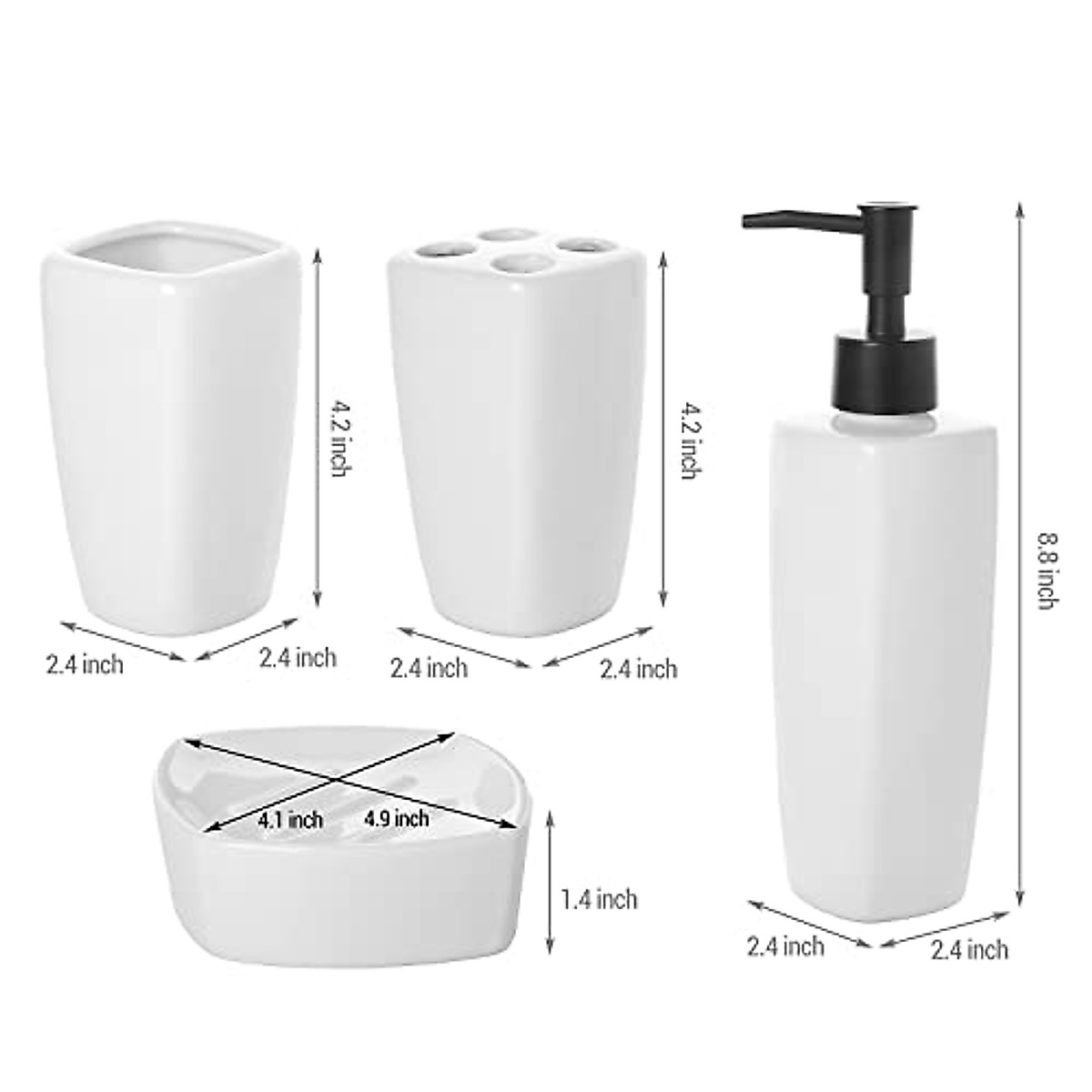 MyGift 4 Piece Ceramic White Bathroom Accessories Set Includes Lotion Dispenser with Matte Black Pump, Toothbrush Holder, Tumbler and Soap Dish
