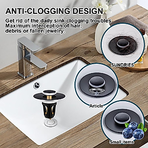 HAOMIAO Bathroom Sink Stopper(1.1-1.5inch, Brass Pop Up Wash Basin Plug Cover for Bathtub drains, Anti-Clogging Bath Plug Stopper Sink Drain Strainer with Basket (Matte Black)