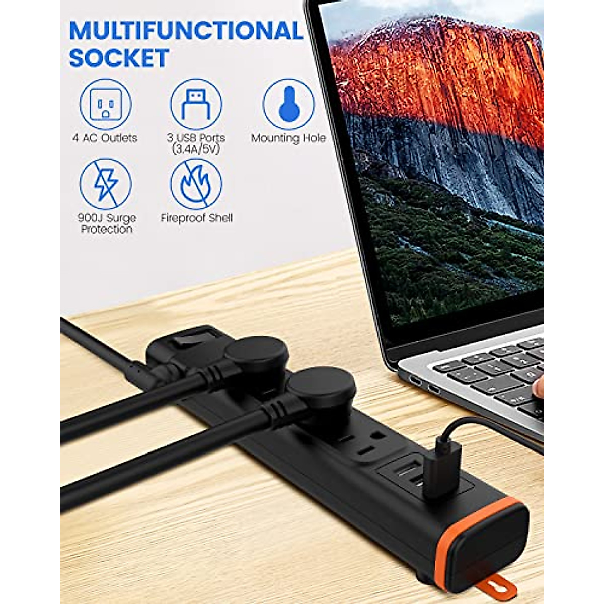 Power Strips Surge Protectors 【2 Pack】 6-Foot Long Black Outlets Surge Protector Outlet Flat Plug with 3 USB Ports 4 Outlet Extender 900J Overload Protection 1875W/15A Total 5V/3A Black