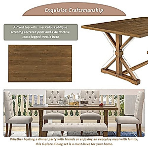 LZ LEISURE ZONE Dining Table Set for 6, Kitchen Table Sets, 6-Piece Farmhouse Dining Table Set, 72" Wood Rectangular Table, 4 Upholstered Chairs with Bench, Walnut