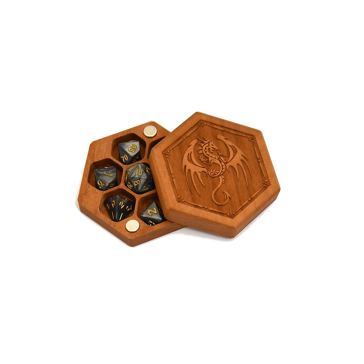 Elderwood Academy Keychain Hex Dice Wood Chest with Magnetic Lid - Perfect for DnD, Magic the Gathering Dice Counters and Any Other Tabletop Games (Mini-Cherry/Dragon)
