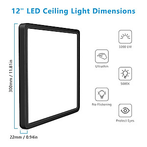 12Inch 24W Square LED Ceiling Light Fixtures Flush Mount, 5000K Daylight White LED Ceiling Lamp, Surface Mount Modern Ceiling Lights, Black Slim Flat Panel Lighting for Bedroom, Kitchen, Bathroom Etc