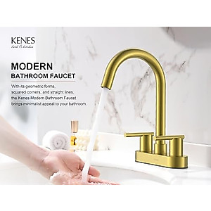 KENES Brushed Gold 4 Inch 2 Handle Centerset Bathroom Faucet, 3 Hole Gold Bathroom Sink Faucet, with Pop Up Sink Drain and Two Water Supply Lines, KE-9019-4