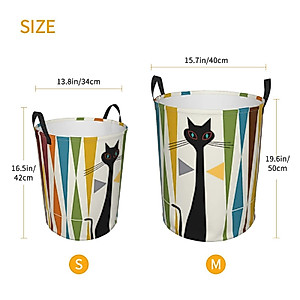 Mid-Century Modern Art Cat Printed Round Foldable Laundry Basket With Handle For Home, Bathroom, Dirty Clothes, Toy Storage